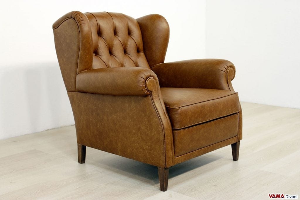 Poltrona Bergere Classica da Lettura in Vera Pelle Vintage